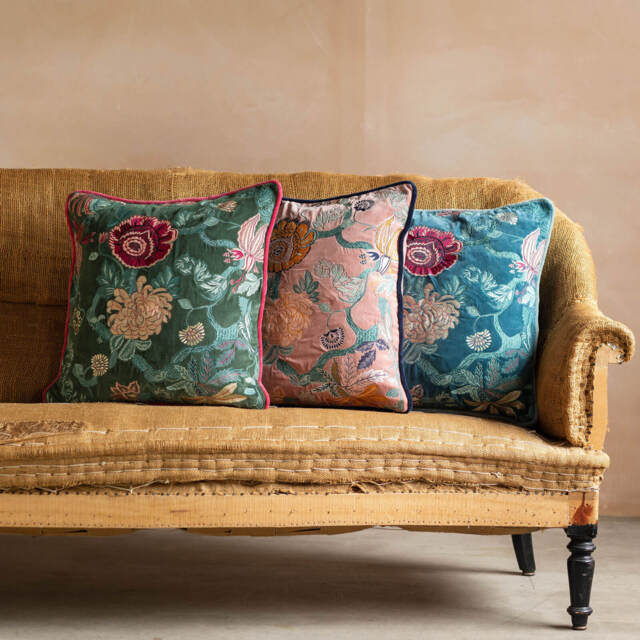 Graham and Green Rosalind Embroidered Teal Velvet Square Cushion by ...