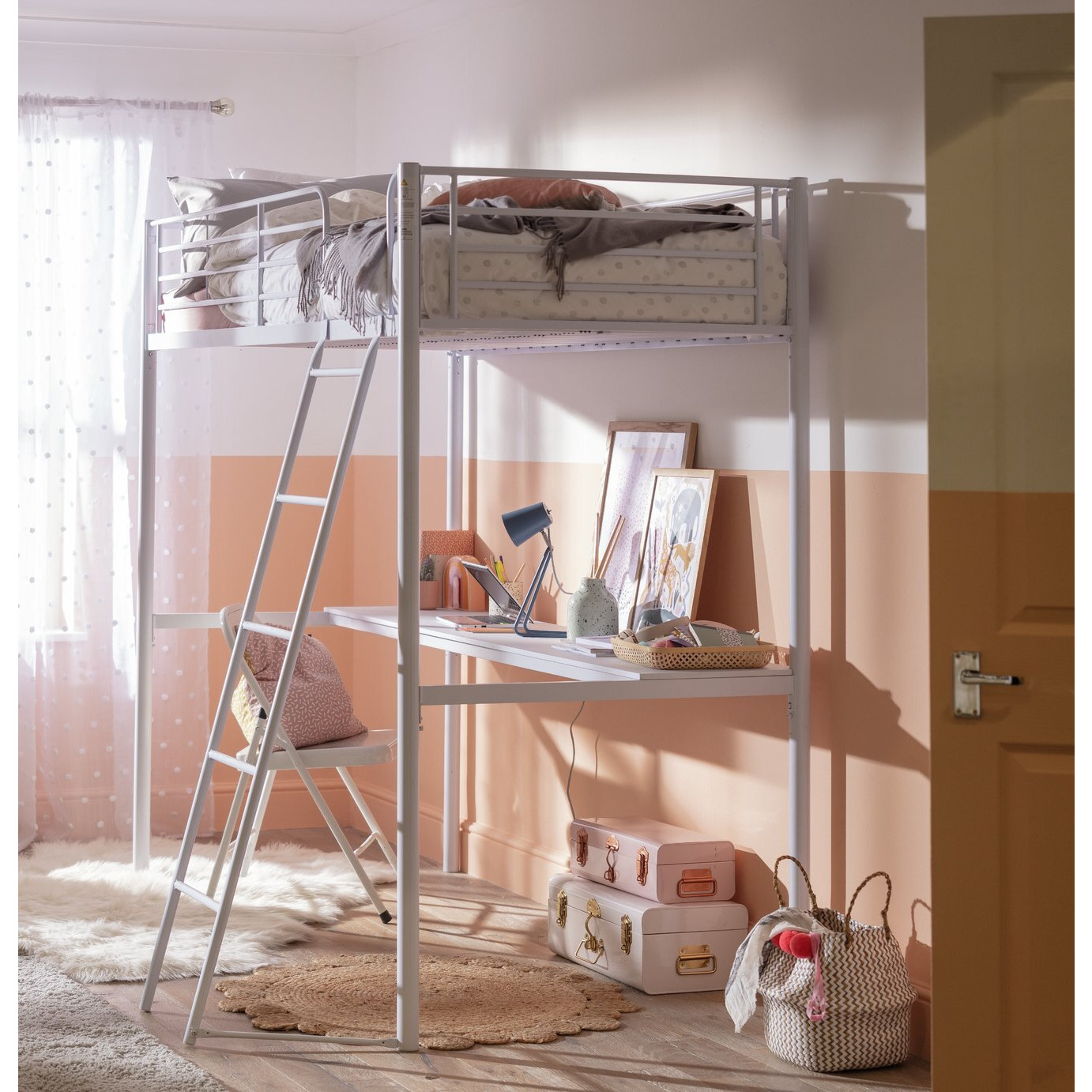 Habitat Riley High Sleeper Metal Bed Frame & Desk-White by Habitat ...