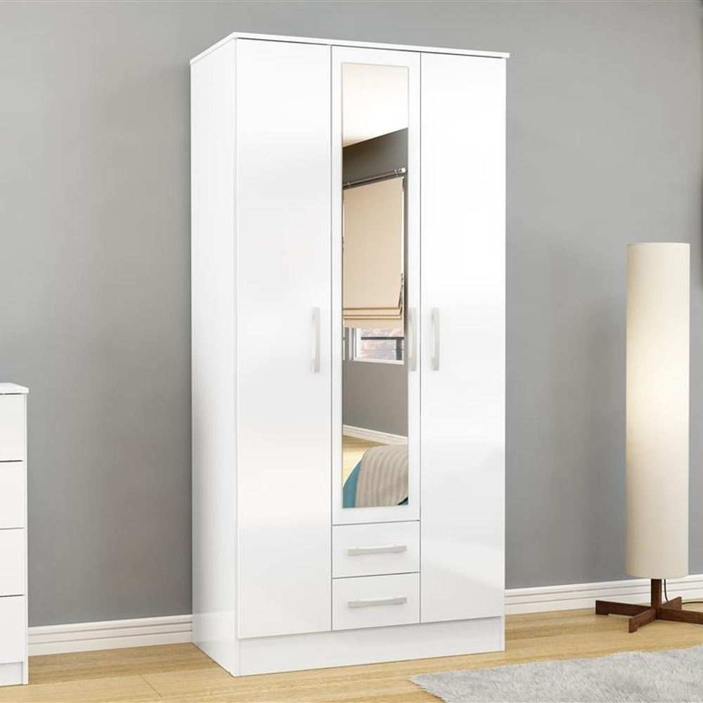 Lynx - 3 Door Combination Mirror Wardrobe - White - Wooden/Mirror ...