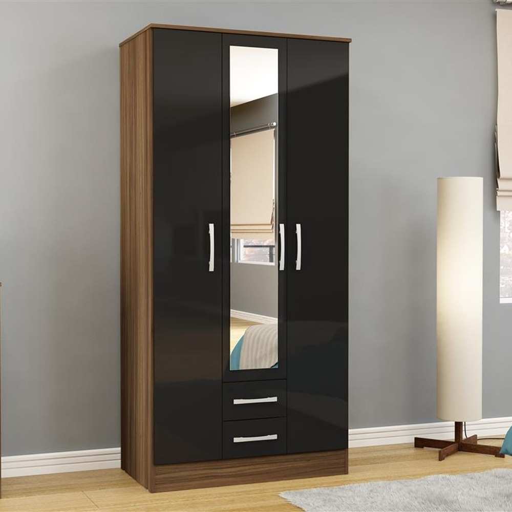 Lynx - 3 Door Combination Mirror Wardrobe - Walnut/Black - Wooden ...