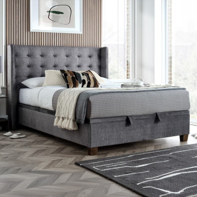 Brunton - Double - Winged Ottoman Storage Bed - Dark Grey - Velvet ...