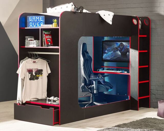 Impact - Single - Gaming Bunk Bed - Black and Red - Wood - 3ft - Happy ...