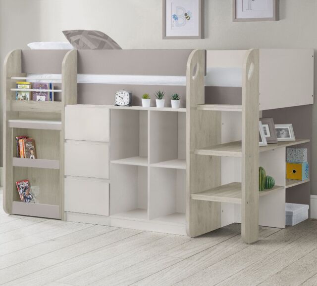 Saturn - Single - Kids Mid Sleeper Bed - Storage and Desk - Brown and ...