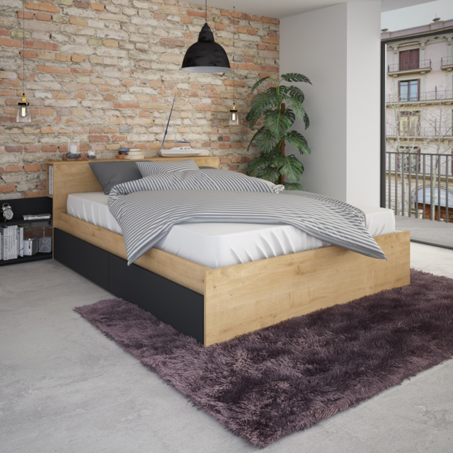 Jazz - EU Small Double - Storage Bed with Underbed Drawers - Oak/Grey ...