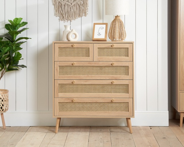 Croxley - 5 Drawer Chest of Drawers - Oak - Rattan - Wooden - Happy ...