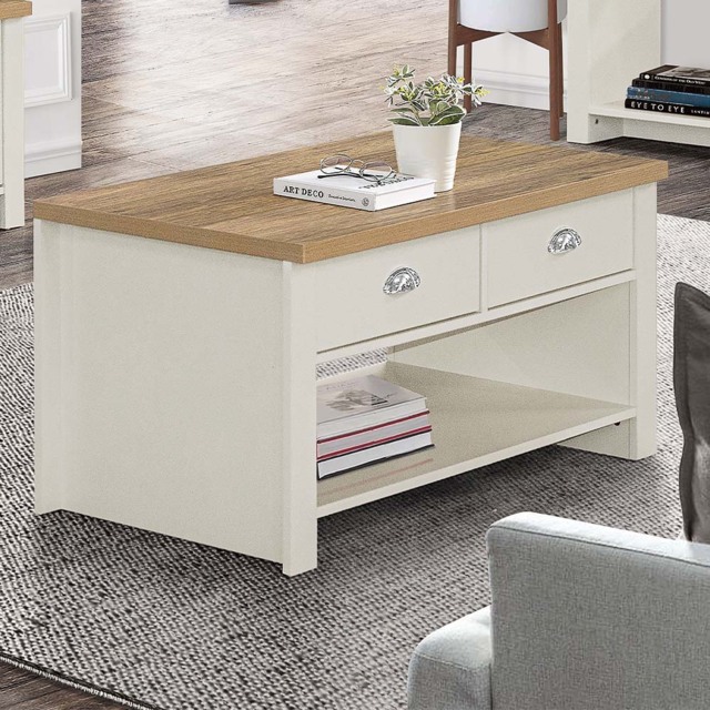 Highgate Cream and Oak 2 Drawer Coffee Table by Happy Beds | ufurnish.com