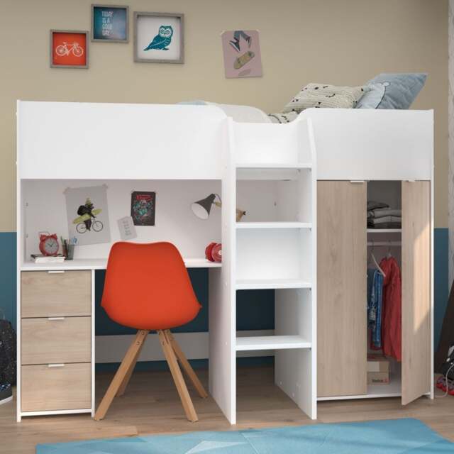 Tom - Kids White and Oak Wooden High Sleeper Bed with Desk - Single ...
