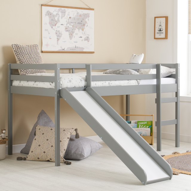 Frankie - Single - Mid Sleeper with Slide - Grey - Wooden - 3ft - Happy ...