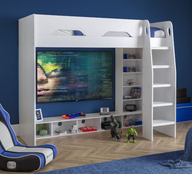 Galaxy - Single - Gaming High Sleeper Bed - White - Wood - 3ft - Happy ...