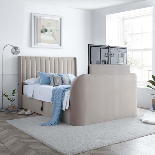Luther - Double - Electric Winged Ottoman Storage TV Bed - Warm Stone ...