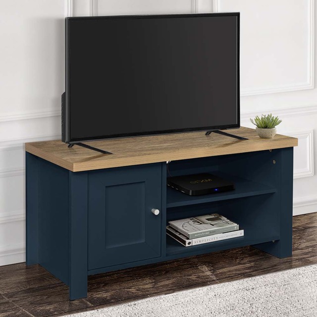 Highgate Navy Blue and Oak Small TV Unit by Happy Beds | ufurnish.com