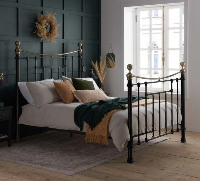 Bronte - King Size Black Metal Bed Frame - Victorian Style - Brass ...