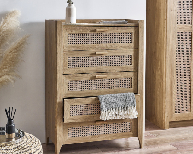 Sydney – Rattan Tall 5 Drawer Chest of Drawers – Oak – Wooden – Happy ...