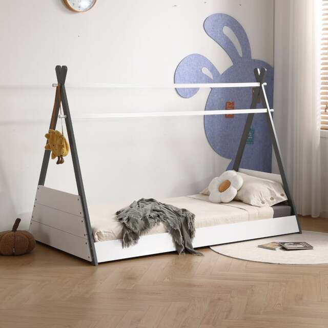 Exeter - Single - Wooden House Bed - Grey/White - Wooden - 3ft - Happy ...