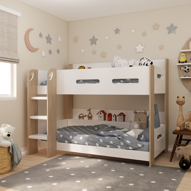 Solus - Single - Bunk Bed with Shelving - White/Oak - Wooden - 3ft by ...