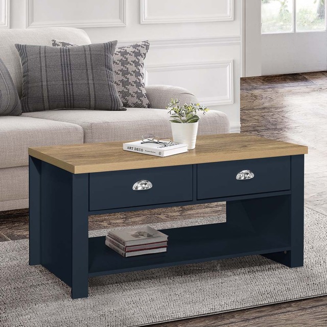 Highgate Navy Blue and Oak 2 Drawer Coffee Table by Happy Beds | ufurnish.com