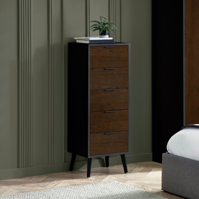 Alba – 5-Drawer Narrow Chest of Drawers – Walnut and Black – Lacquered ...