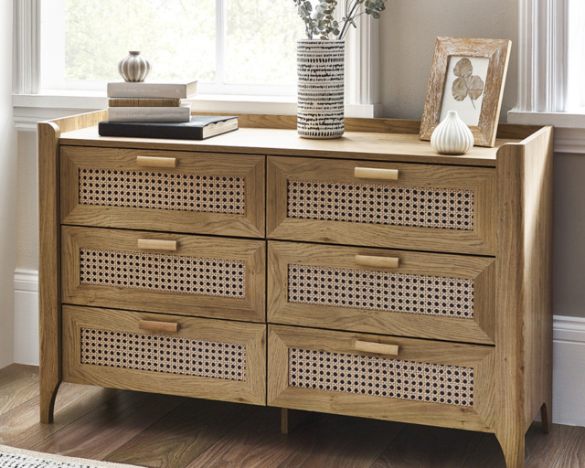 Sydney – Rattan Wide 6 Drawer Chest of Drawers – Oak – Wooden – Happy ...