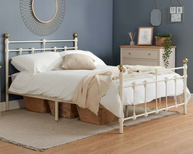 Atlas - Double - Cream Metal Bed Frame with Antique Brass Finials ...
