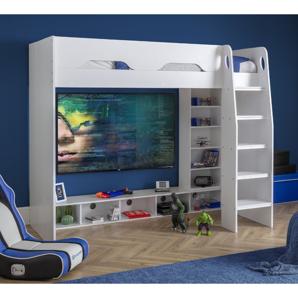 Galaxy - Single - Gaming High Sleeper Bed - White - Wood - 3ft - Happy ...