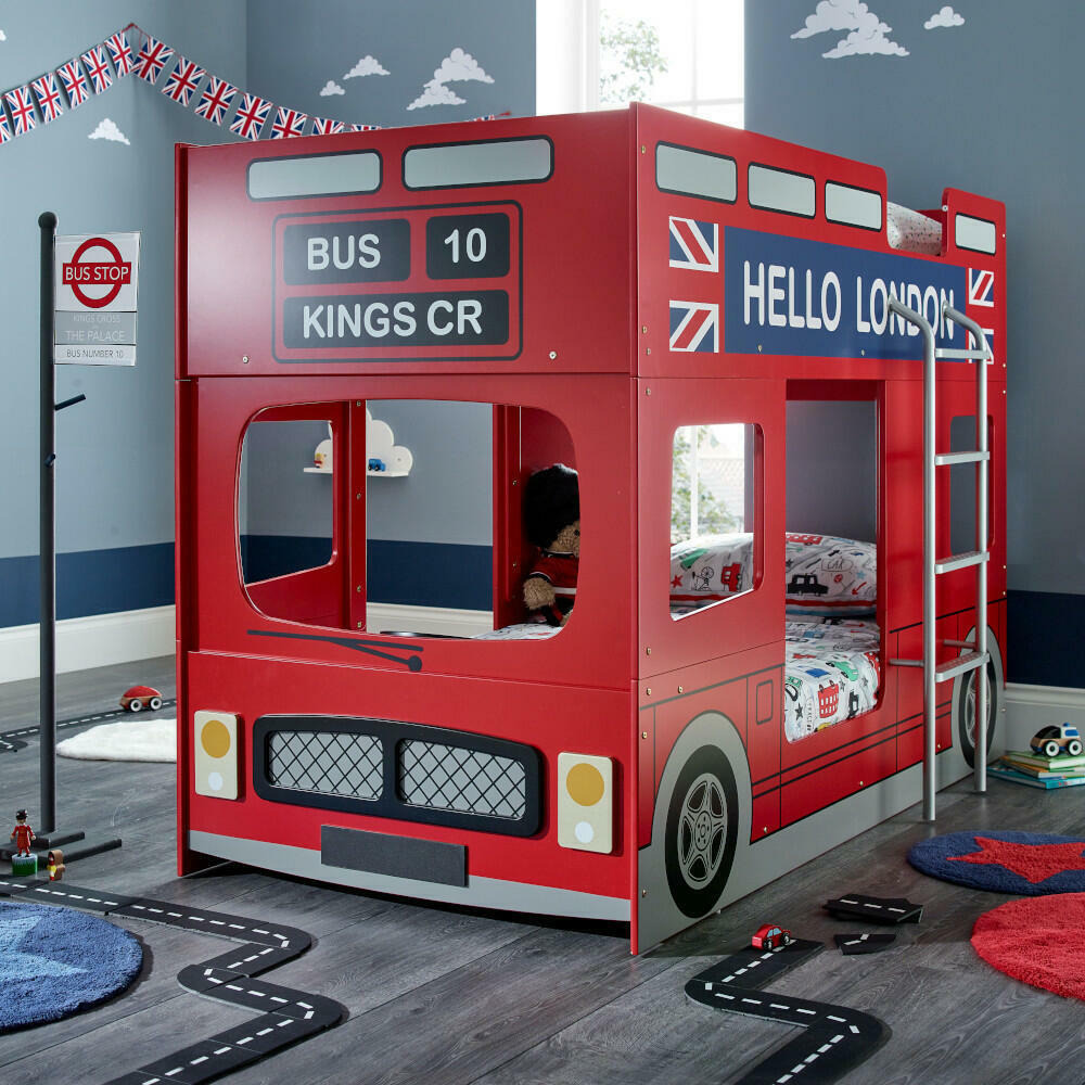 Kids London Bus Bunk Bed Single - Metal Ladder and Moveable Wheel - Red ...