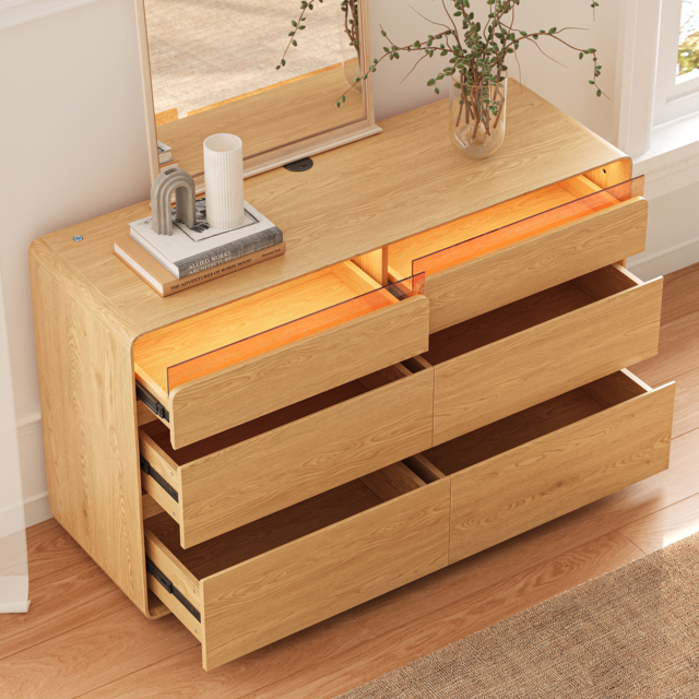 1200mm Wooden 6-Drawer LED Dresser with Charging Station by Homary ...
