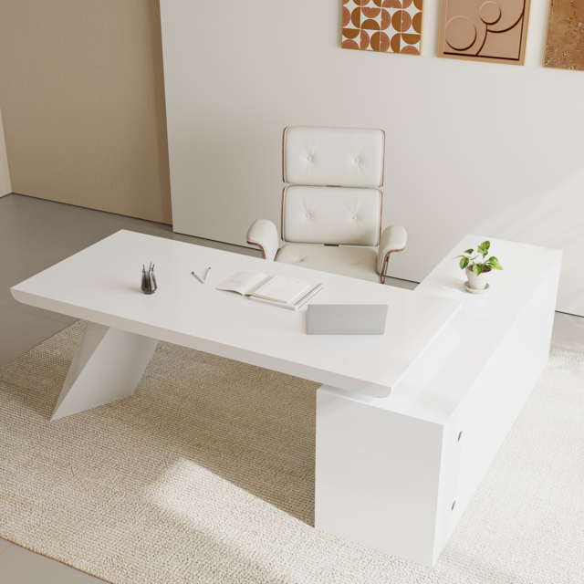 Modern White L-Shape Executive Left Hand Desk & Office Chair Set ...