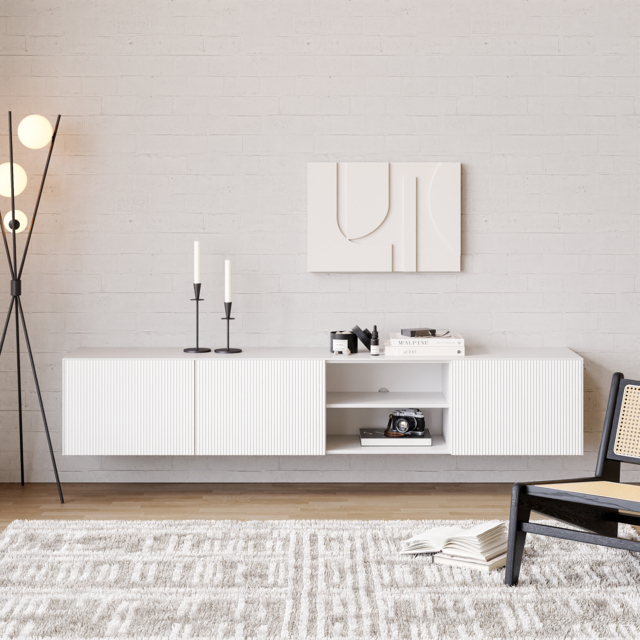 Hanging TV Lowboard Wood White 180 cm – Modern TV Cabinet with Storage ...