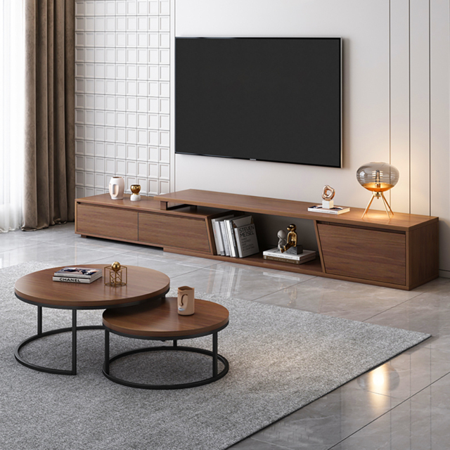 Living Room Set Walnut Rectangle Extendable TV Stand & Round Nesting ...