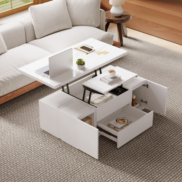Modern White Lift Top Marble Coffee Table with Drawers & Storage ...