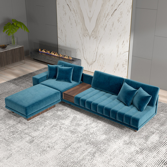 "126"" L-Shaped Blue Modular Sectional Sofa Chaise with Ottoman for ...