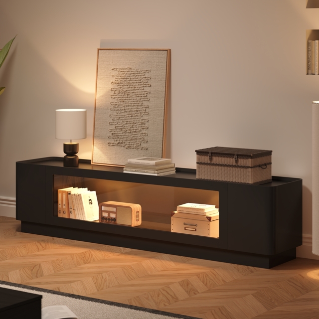2000mm Glass Door TV Stand Mid Century Modern Wood Media Console with ...