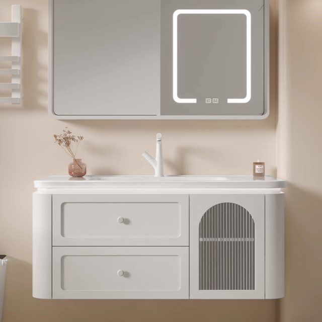 1200mm Modern Floating LED Bathroom Vanity with Ribbed Glass Door ...