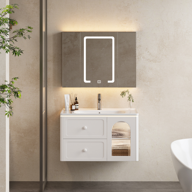 800mm Modern Floating LED Bathroom Vanity with Ribbed Glass Door ...