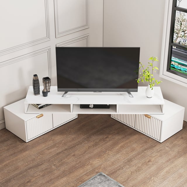 1440mm TV Stand White Corner Media Console Fluted with 2 Drawers & 5 ...