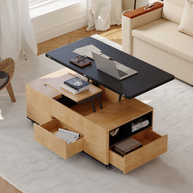 Modern Lift Top Coffee Table Multi Functional Table with 3 Drawers in Natural & Black by Homary ...