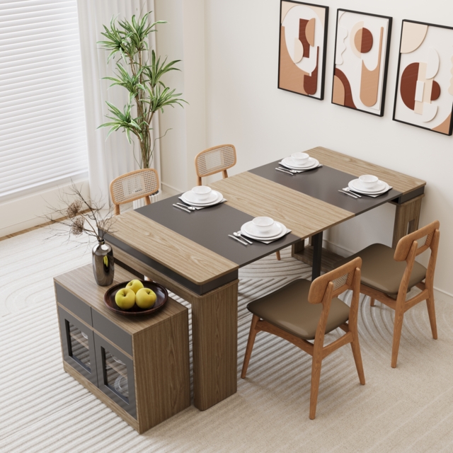 Modern Extendable Dining Table & Japandi Dining Chair High Back Rattan ...