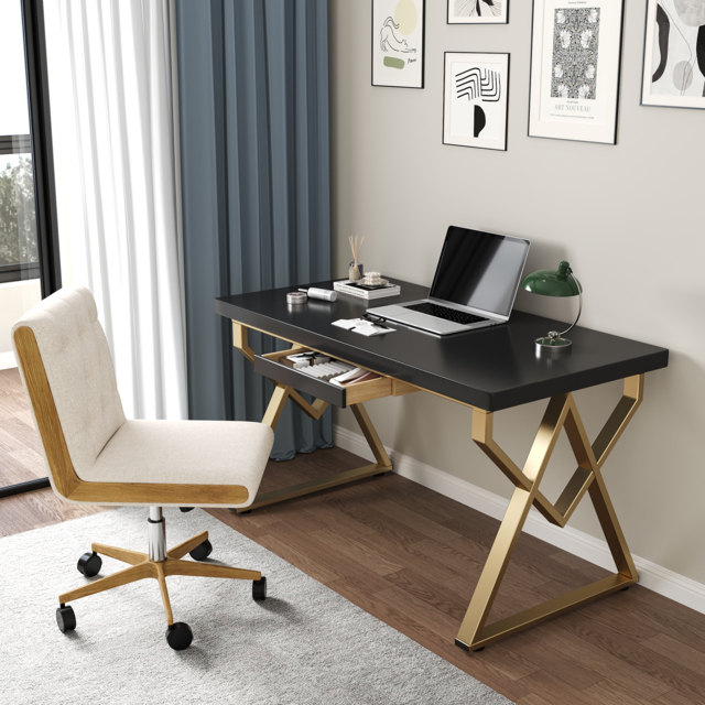 1200mm Modern Rectangular Black Writing Desk with Gold Metal Base ...