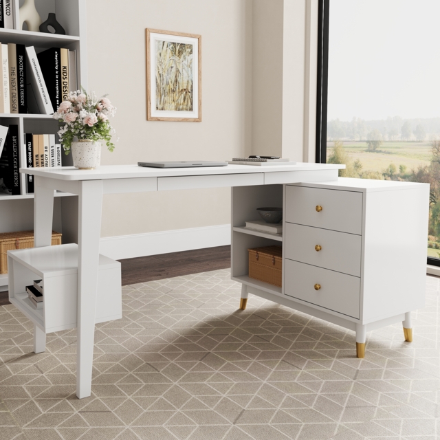 Ultic White L Shaped Home Office Desk Desk with Storage Drawers & Shelf ...