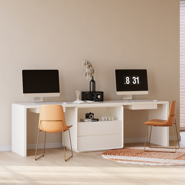 2-Person Double Computer Desk Modern White Retangular Office Desk with ...