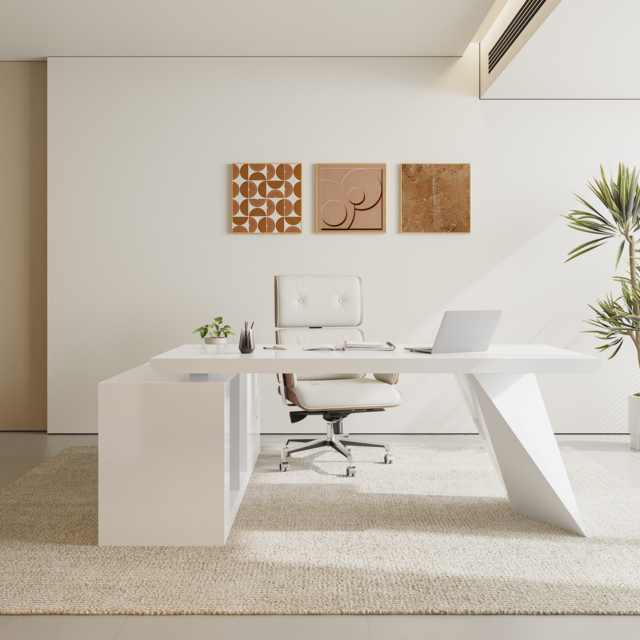Modern White L-Shape Right Hand Executive Desk & Office Chair Set ...