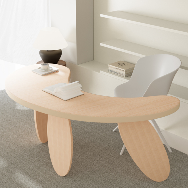 1400mm Modern Natural Curved Desk Wooden Home Office Desk with 3 Oval ...