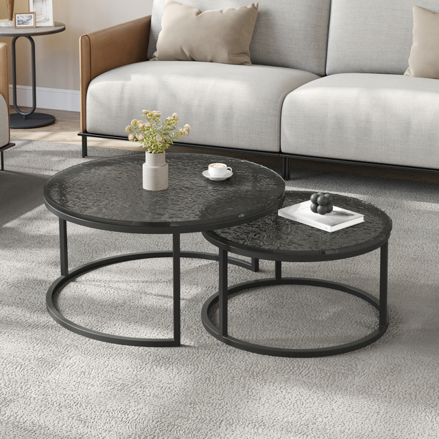 Modern Black & Grey round glass nesting space-saving 2 pieces coffee ...