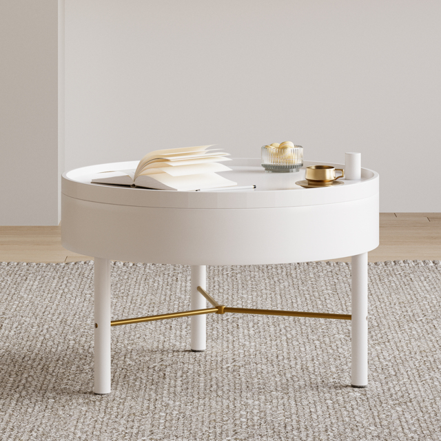 Modern Round Wood Rotating Tray Coffee Table with Storage & Metal Legs ...