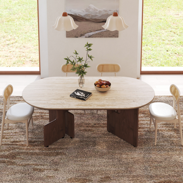 2000mm Oval Dining Table with Faux Travertine Top & Walnut Double ...
