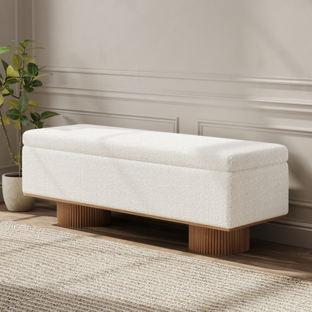 Storage Entryway Bench Boucle & Wood Entryway Furniture in White by ...