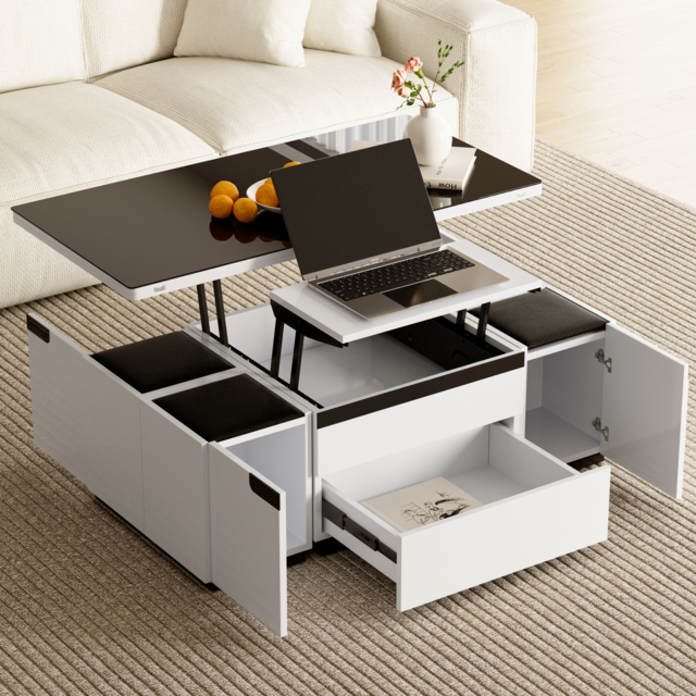 Modern White Lift Top Glass Coffee Table with Drawers & Storage ...