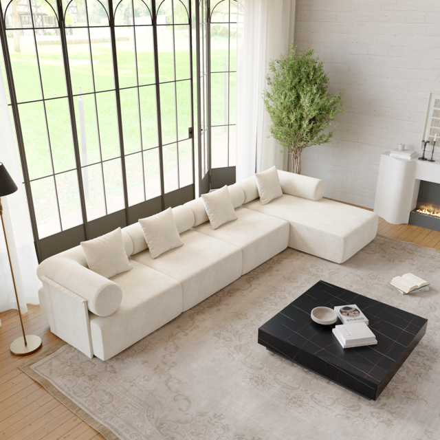 3700mm 4-Piece Modular White Performance Chenille Velvet L-Shape Sectional Chaise Sofa by Homary ...