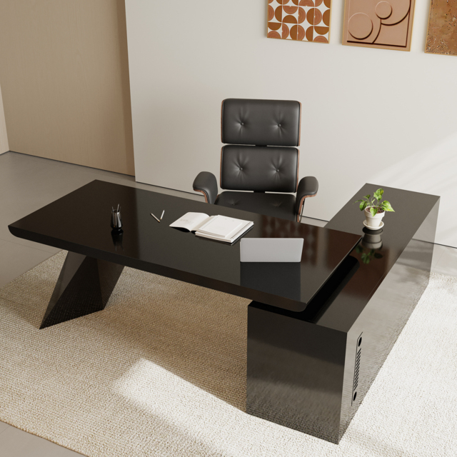L Shaped Large Executive Office Desk with Drawers & Cabinet Black ...