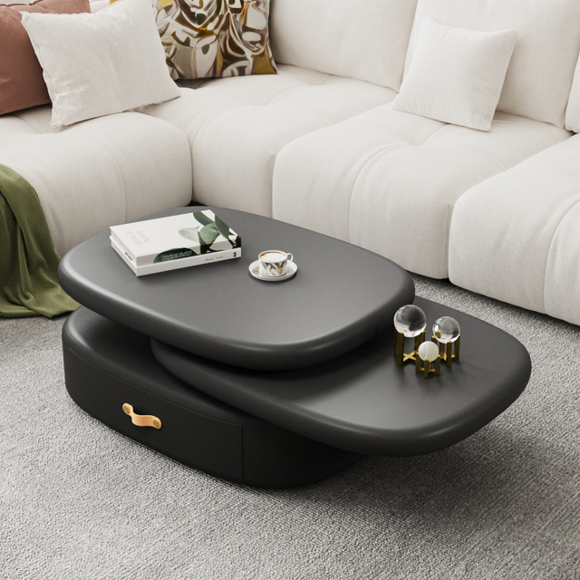 3-Tiered Modern Oval Black Pebbles Rotating Coffee Table with Storage ...